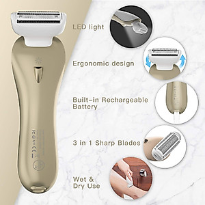 Electric Razor for Women Electric Shaver Bikini Trimmer Body Hair Removal for Legs and Underarms IPX7 Waterproof Wet and Dry Painless Cordless Ladies Shaver with LED Light & Detachable Head