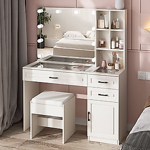 Fameill White Vanity Desk with Mirror and Lights,Glass Top Vanity Table with 3 Drawers and Cabinets,Large HD Mirror Makeup Desk,3 Lighting Modes, Brightness Adjustable,45 in(L)
