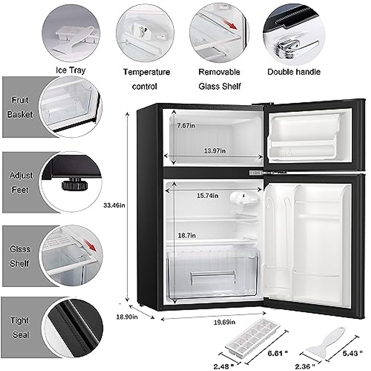 Antarctic Star Compact Mini Refrigerator Separate Freezer, Small Fridge Double 2-Door Adjustable Removable Retro Stainless Steel Shelves Garage Camper Basement/Dorm/Office 3.2 cu ft.Black
