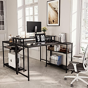 WASAGUN Gaming Desk,40 Inch L Shaped Desk with LED Lights&Power Outlets,Office Desk with Storage Shelves,Small Corner Computer Desk for Bedroom,Carbon Fiber Surface,Black Table