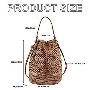OWGSEE Straw Bucket Bag for Women, Summer Woven Beach Bag Drawstring Hobo Bucket Purses Handbag for Vacation (Khaki)
