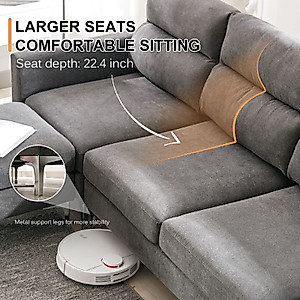 Houjud 110" Convertible Sectional Sofa Couch, Modern Linen Fabric L-Shaped Couch 4-Seat Sofa Couch w/Reversible Chaise and Side Pockets for Living Room, Apartmentt (Grey)