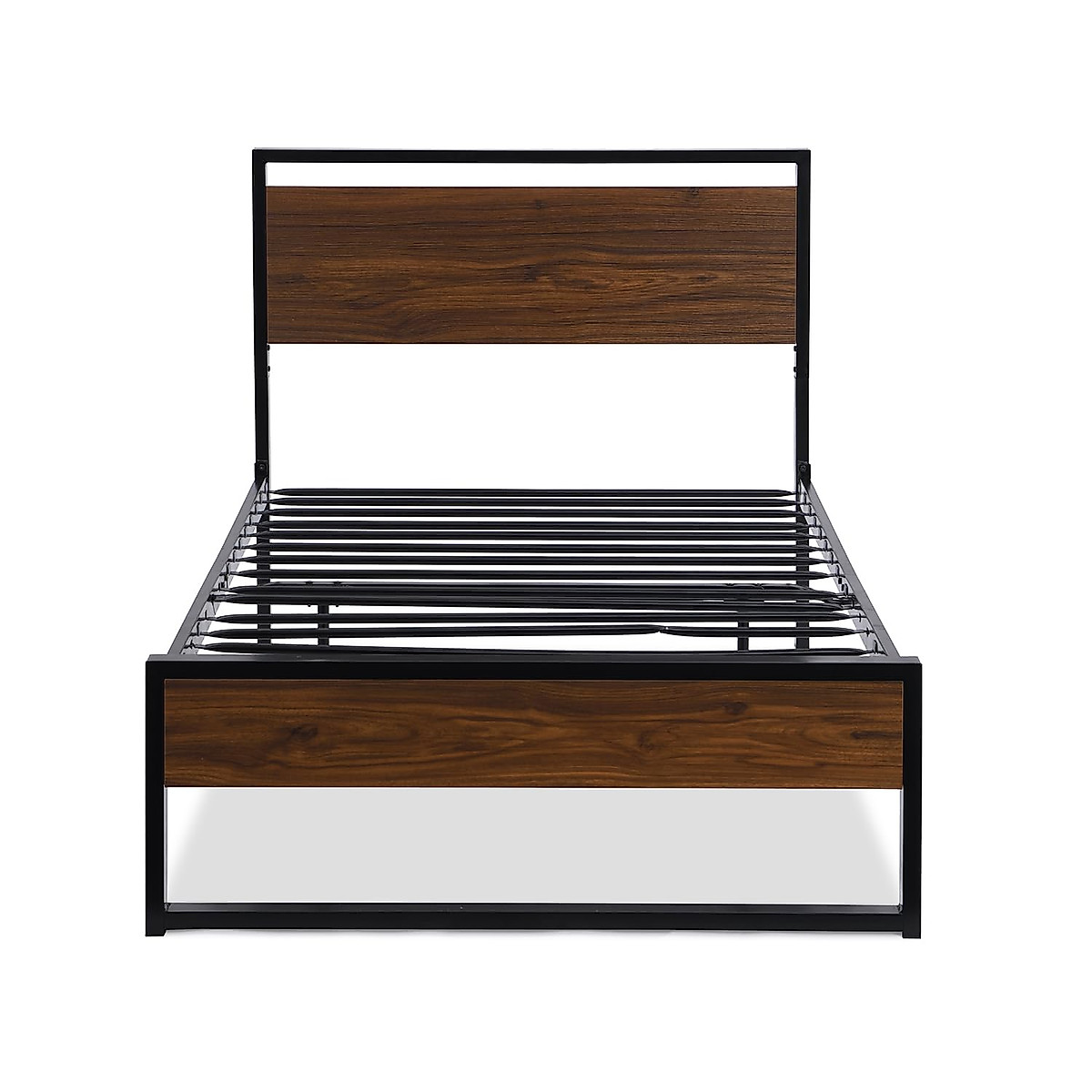 Metal Twin Size Bed Frame with Wood Headboard and Footboard, Platform Bed with Under-bed Storage Space, No Box Spring Needed, Sturdy Non-Slip Without Noise, Steel Slats, Mattress Foundation, Black