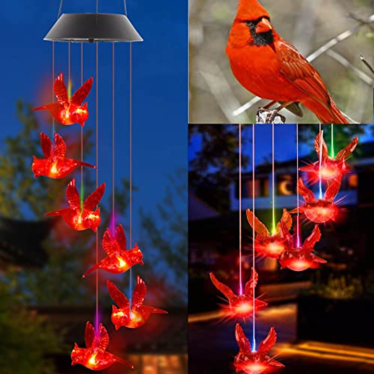 TSIPEKLO Cardinal Wind Chimes, Solar Powered Red Cardinal Bird Wind Chime Wind Moblie LED Light, Spiral Spinner Cardinal Windchime Portable Outdoor Chime for Patio, Deck, Yard, Garden, Home