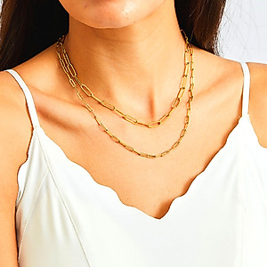 RWQIAN 18k Gold Dainty Oval Link Paperclip Chain Necklace Set for Women and Girls (18K Gold)