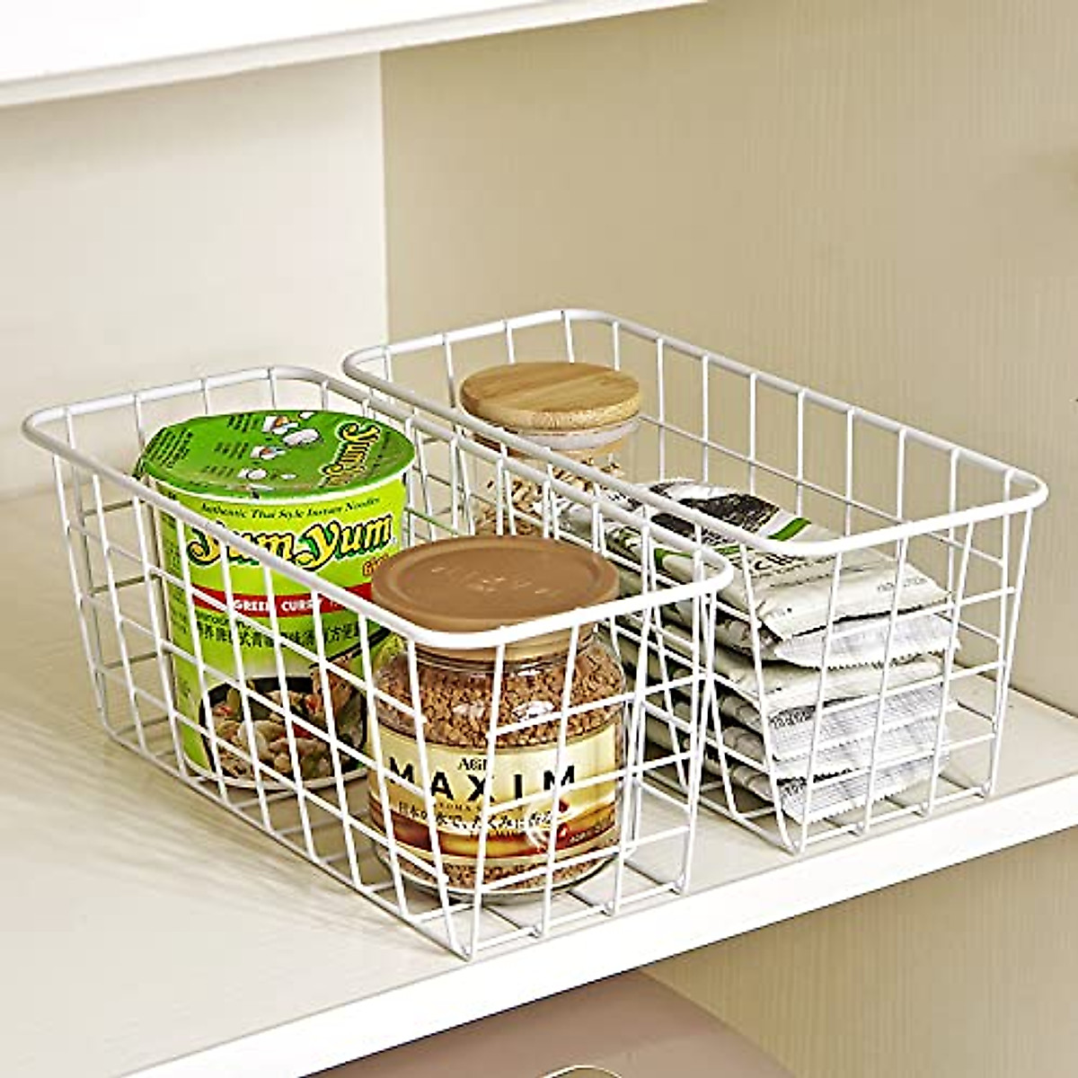 LeleCAT Hanging Kitchen Baskets For Storage Adhesive Sturdy Small Wire Storage Baskets with Kitchen Food Pantry Bathroom Shelf Storage No Drilling Wall Mounted,2 PACK,White