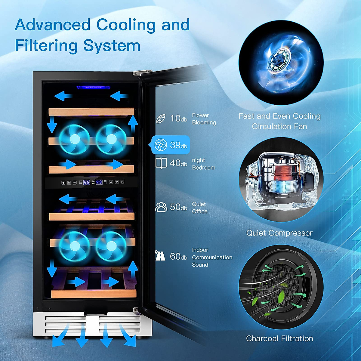 ORALNER 15“ Dual Zone Wine Cooler Refrigerator, 30-Bottle Built-in Beverage Wine Fridge w/Removable Wooden Shelves, Lockable Glass Door, Blue LED Interior Lights, Drink Wine Cellar for Kitchen Bar