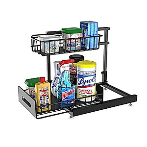 Under Sink Organizer,Pull Out Cabinet Organizer 2 Tier Slide Out Sink Shelf Cabinet Organizer and Storage,Adjustable Metal Under Counter Organizers Multi-Use for Under Kitchen Bathroom Organization