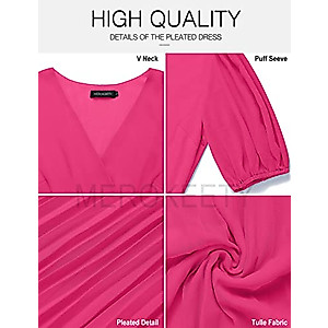 MEROKEETY Summer Dress for Women 2023 Wrap V Neck Bubble Sleeve Pleated Party Midi Dresses,HotPink,S