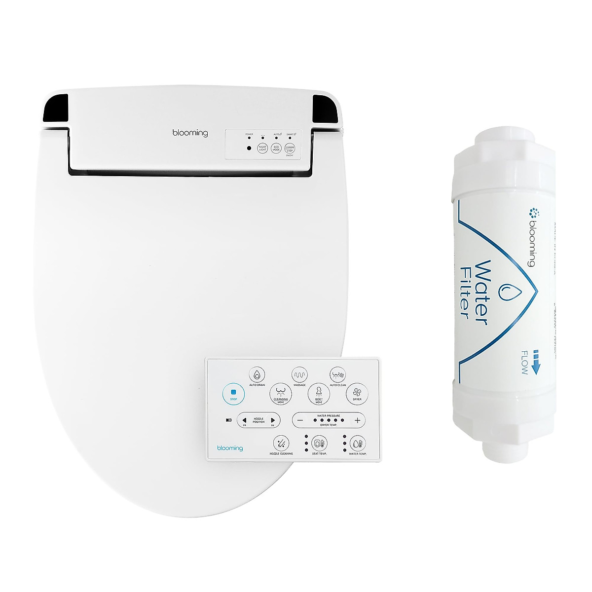 Blooming NB-R1260E Bidet Toilet Seat with Premium Water Filtration System, Fits Elongated Toilets, Sittable Lid