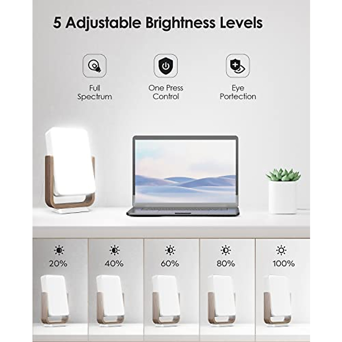 ALBINA Full Spectrum Sunlight Lamp UV-Free 10,000 Lux Sunlight Lamp with 5 Adjustable Brightness 4 Timer Function, Detachable Stand Wooden Frame, Sun Lamp for Home/Office (White/Walnut)