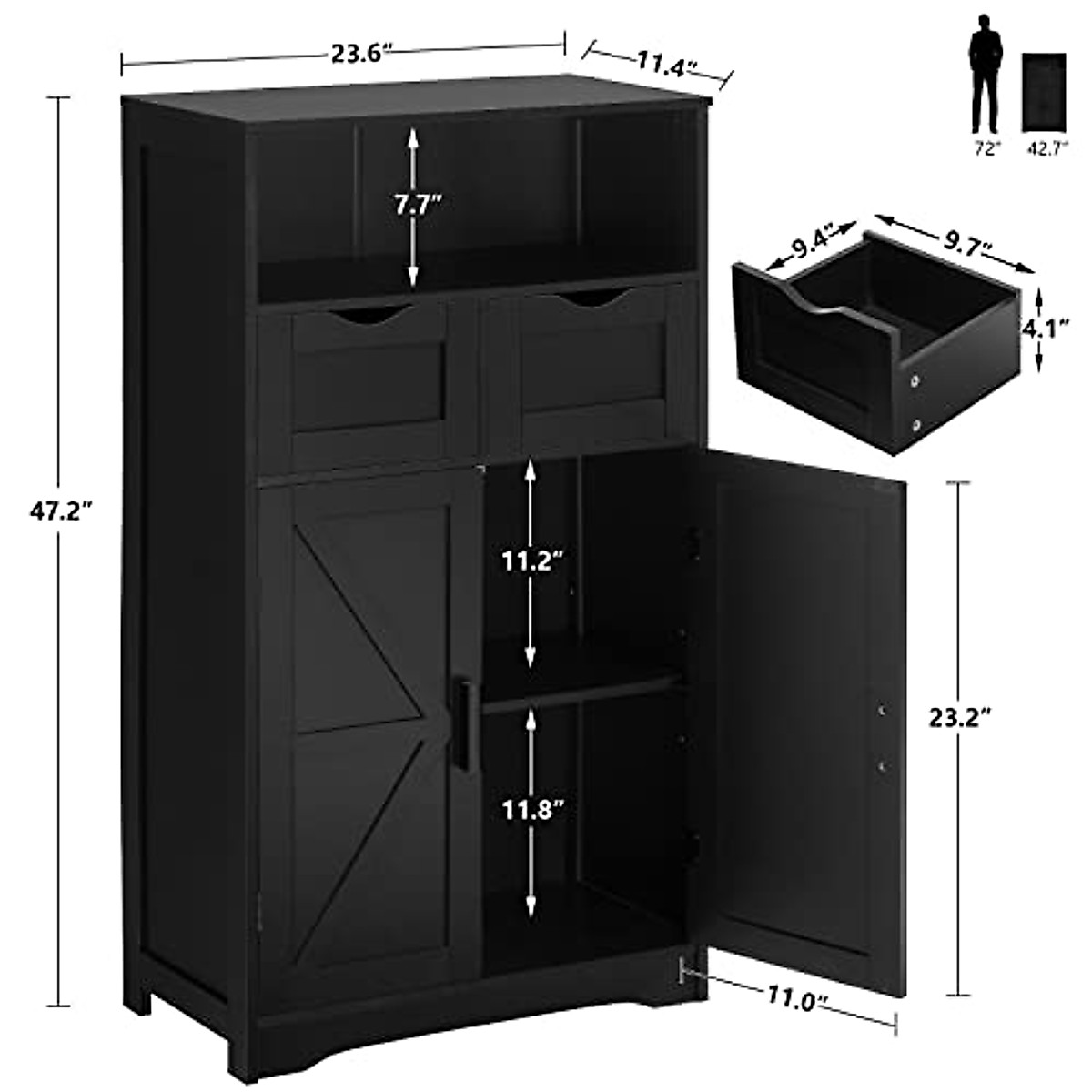 WEENFON Bathroom Cabinet, Floor Cabinet with 2 Doors & 2 Drawers, Bathroom Storage Cabinet with Adjustable Shelf, Freestanding Wooden Storage Organizer for Bedroom, Living Room, Hallway, Black