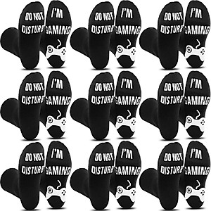 Novelty Gaming Socks Do Not Disturb I'm Gaming Funny Gamer Socks Non Slip Socks for Game Lover (Black-White,9 Pairs)