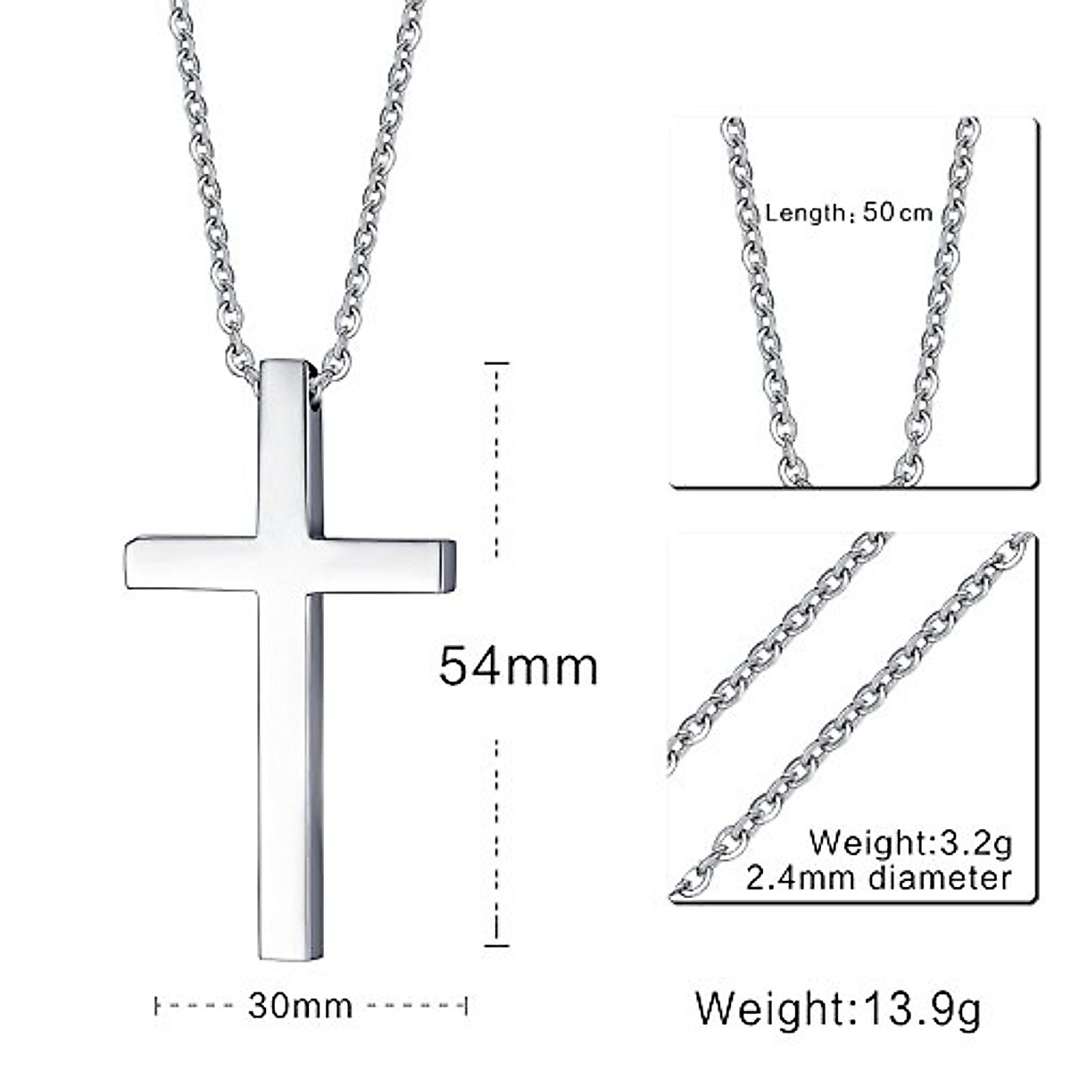 Reve Simple Stainless Steel Silver Tone Cross Pendant Necklace for Men Women, 20-24 Inches Chain (20)