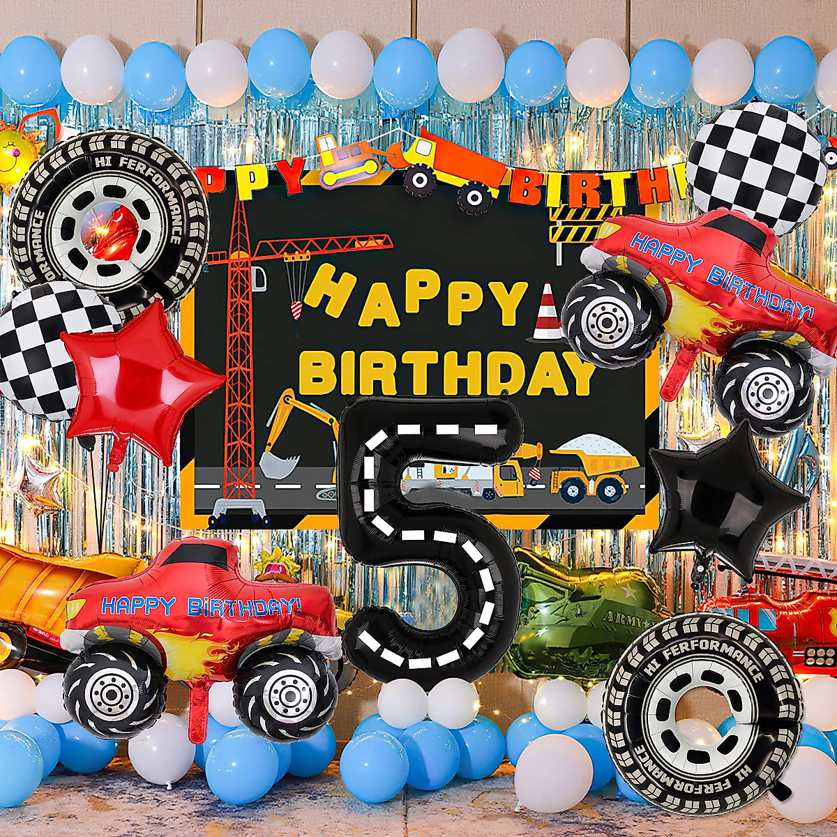 Lebeili 9pcs Truck Birthday Balloon, Race Car Theme Party Supplies, Includes 4 Number Balloons, Black & Transparent, for 5th Birthday & Baby Shower, Unisex