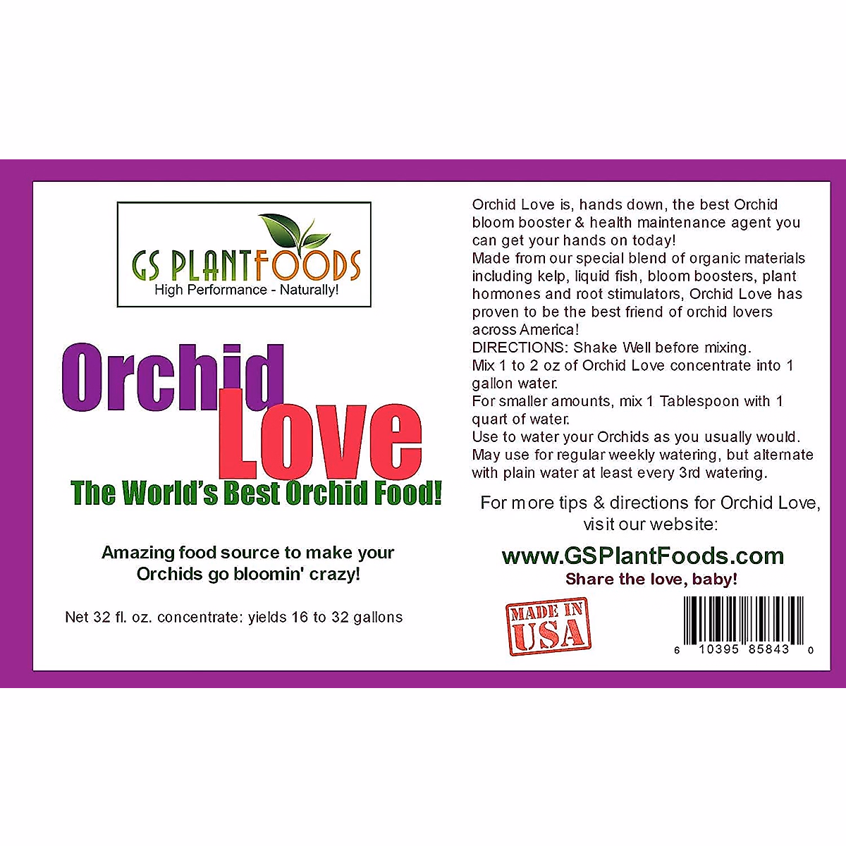 Orchid Love- The World's Greatest Orchid Food!(Net 32 fl oz. concentrate: yields 16 to 32 gallons)