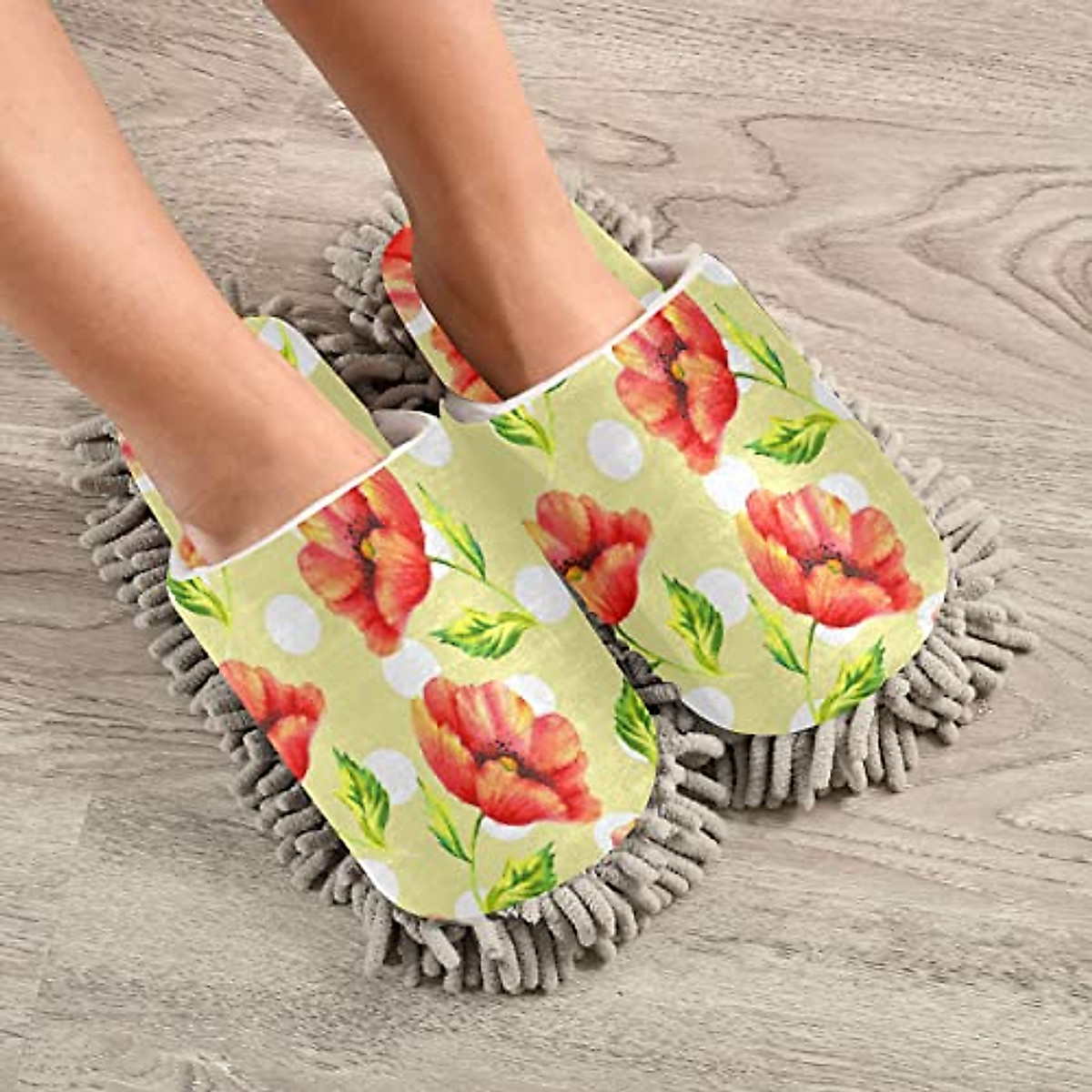 Watercolor Poppy Flower Mop Slippers Shoes Cover for Floor Cleaning Washable Dust Hair Dirty Cleaners Microfiber Mop Socks for Kitchen Office House