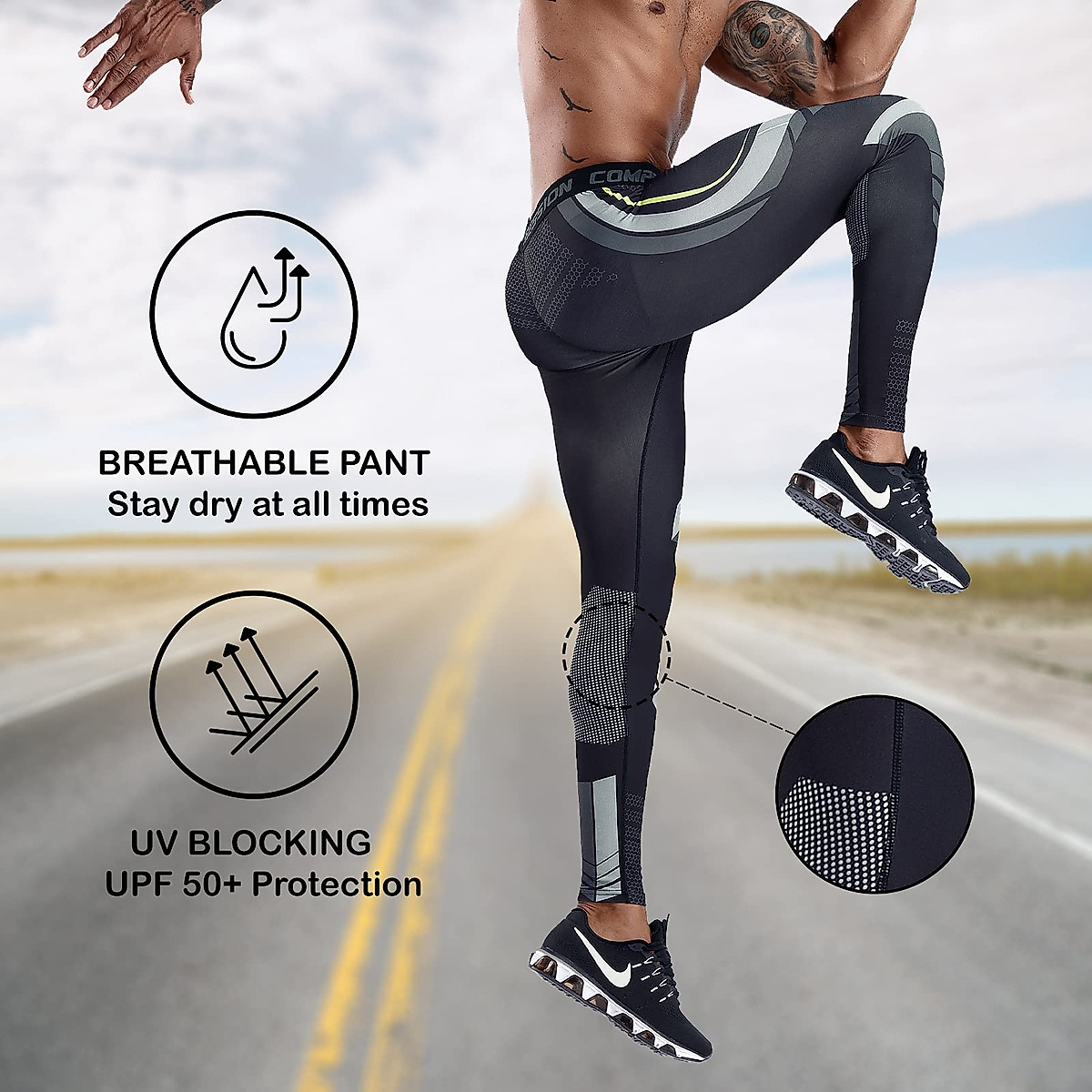 OEBLD Compression Pants Men UV Blocking Running Tights 1 or 2 Pack Gym Yoga Leggings for Athletic Workout