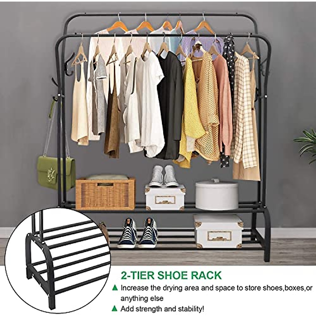 RELIANCER Heavy Duty Deluxe Double-Rail Garment Rack w/ 2 Tier Shoe Shelves 140lb Capacity Large Clothes Hanging Rack Commercial Clothing Organizer Indoor Bedroom Store Coat Hanger Holder