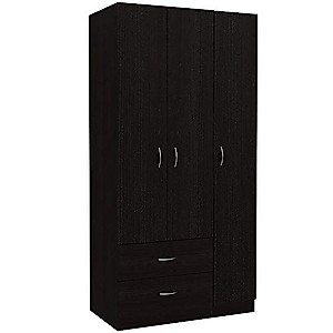Tuhome Austral 3 Door Armoire with Drawers, Shelves, and Hanging Rod, Black Wenge