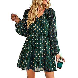 KIRUNDO Women's 2024 Spring Summer Long Sleeve V Neck Ruffle Polka Dot Mini Dress Casual Loose Tiered Swing Tunic Dresses(Dark Green, X-Large)