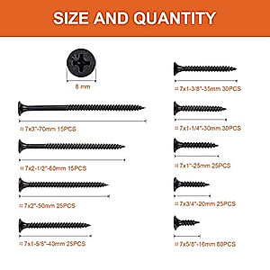 430PCS Premium Drywall Screws, Quality Black Steel #7 Sharp Point Self Tapping Screws with Phillips Drive, 9 Different Sizes Screws Assortment Set, Ideal Screw for Drywall Sheetrock, Wood