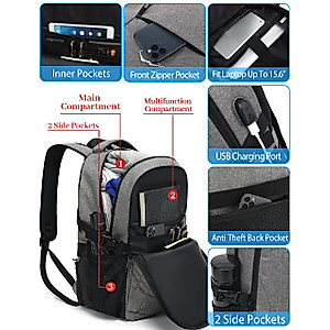 ProEtrade Laptop Backpack, Business Travel Anti Theft Bookbag with USB Charging Port for School College Work Computer Bag Daypack Fit 15.6 Inch Notebook, Gifts for Men Women Teen (Grey)