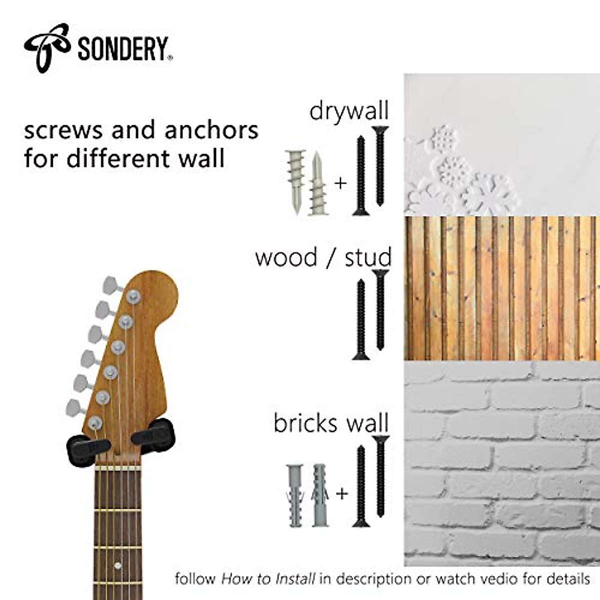 Sondery Guitar Wall Mount Hanger, Auto Lock and Adjustable Hook Holder for Acoustic and Electric Guitar, Ukulele, Bass, Banjo and Mandolin