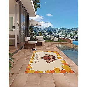 Outdoor Area Rug for Patio,Thanksgiving Day Turkey Fall Maple Camping Rugs Indoor Large Floor Mat 4x6ft,Autumn Orange Pumpkin Fallen Leaves Outside Carpet for Deck RV Picnic Porch Backyard Bedroom