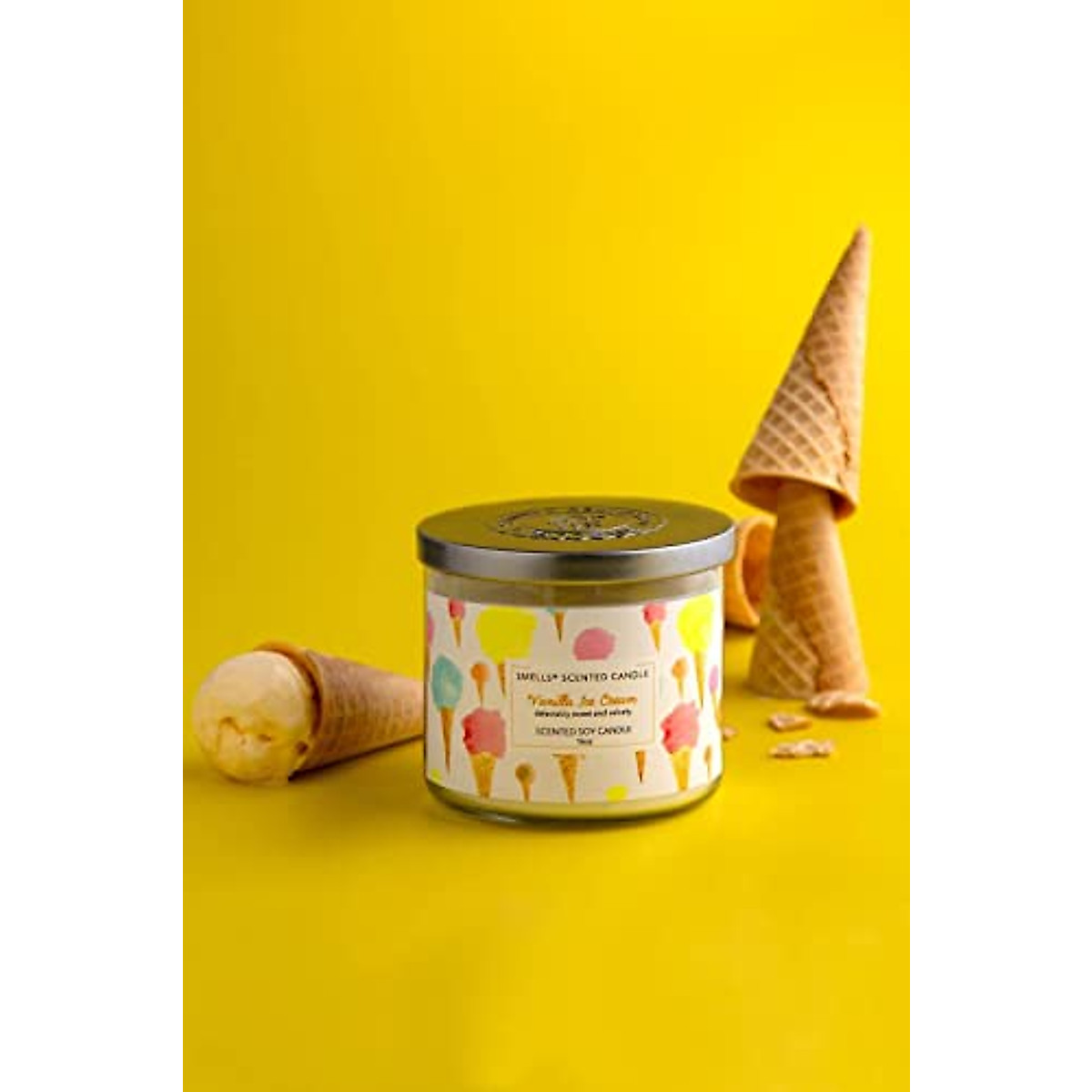 Smells - Premium Soy Wax Round Jar Scented Candle 16oz. - 100% Cotton 3-Wicks - Fragrance That Eliminates Home and Office Odors: Food, Pets, Smoke and Others (1-Pack, Vanilla Ice Cream)