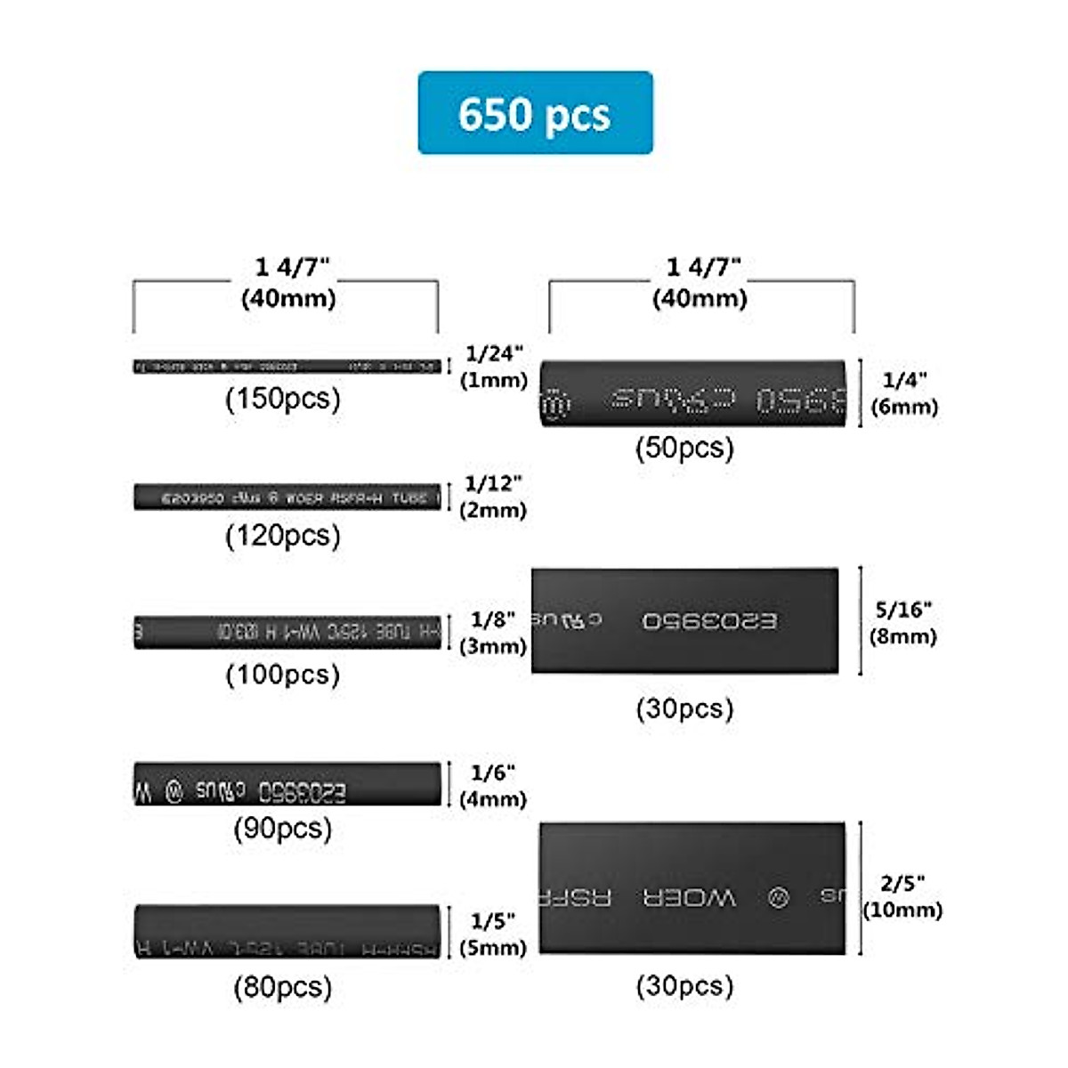 650pcs Heat Shrink Tubing Black innhom Heat Shrink Tube Wire Shrink Wrap UL Approved Ratio 2:1 Electrical Cable Wire Kit Set Long Lasting Insulation Protection, Safe and Easy, Eco-Friendly Material