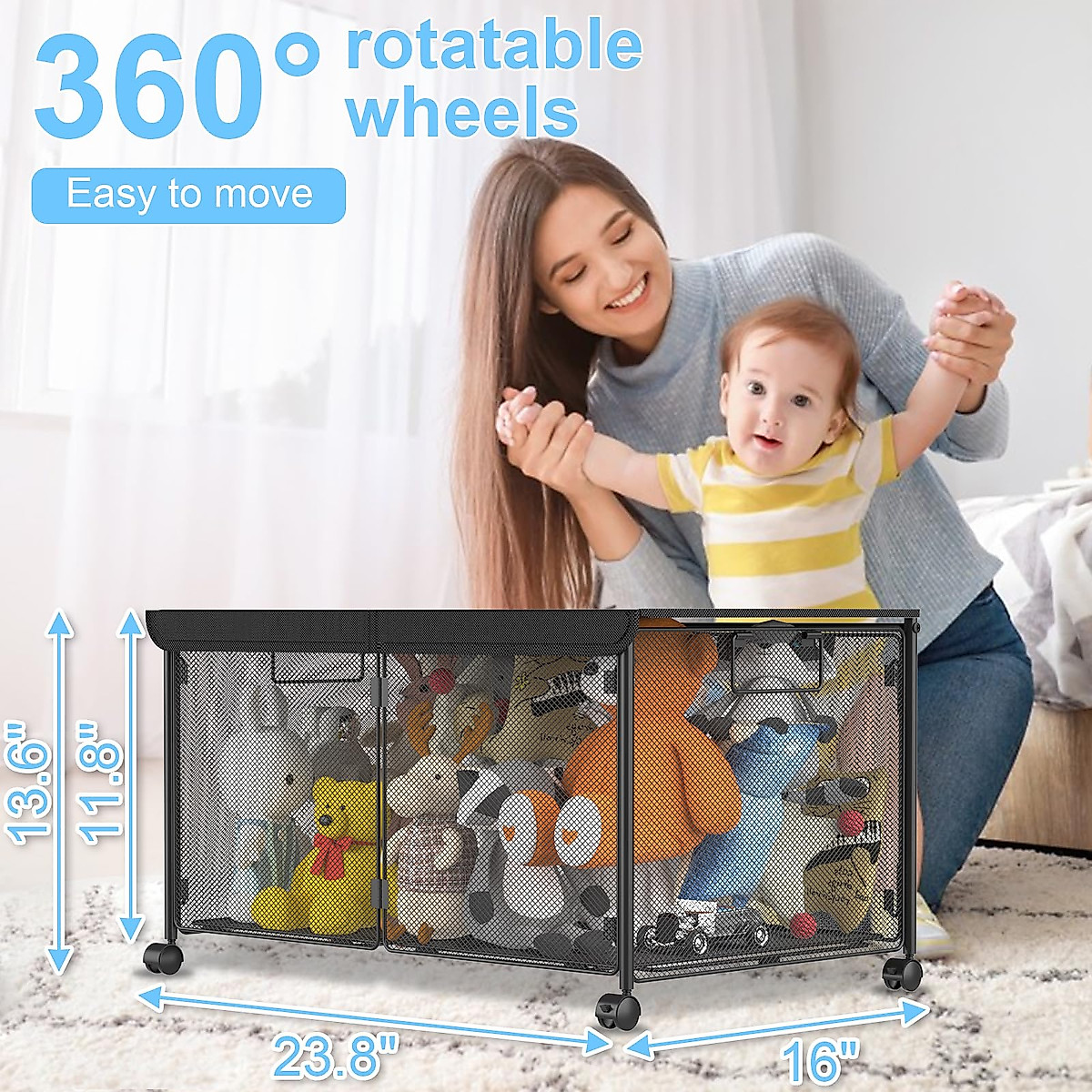 VyGrow Toy Storage, Metal Toy Box with Wheels, 72L Large Toy Chest with Lid for Toy, Clothes, Shoes, Blankets Storage, Black, 2Pack