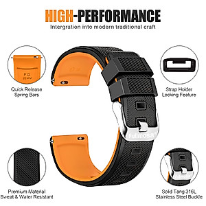 Fullmosa Silicone Watch Band Compatible Samsung Galaxy Watch 4 40mm/44mm and Classic 46mm/42mm, 20mm Watch Strap for Samsung Galaxy Watch 3 41mm/Galaxy Watch Active 40mm, Black/Pumpkin Orange/Silver