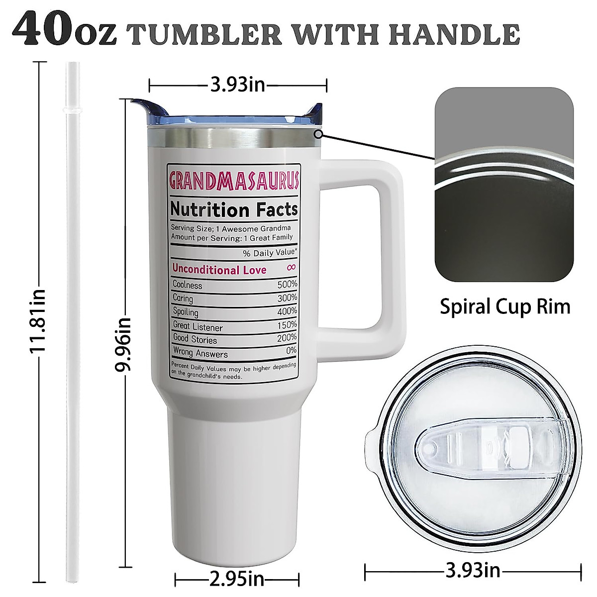 Heqianco Grandma Gifts,Mother's Day Gifts for Grandma, Birthday Gift for Mimi,Best Grandmother Ever Gift,Grandmasaurus Tumbler,Nana Coffee Cups,40oz Gigi Stainless Steel Travel Mugs with Handle