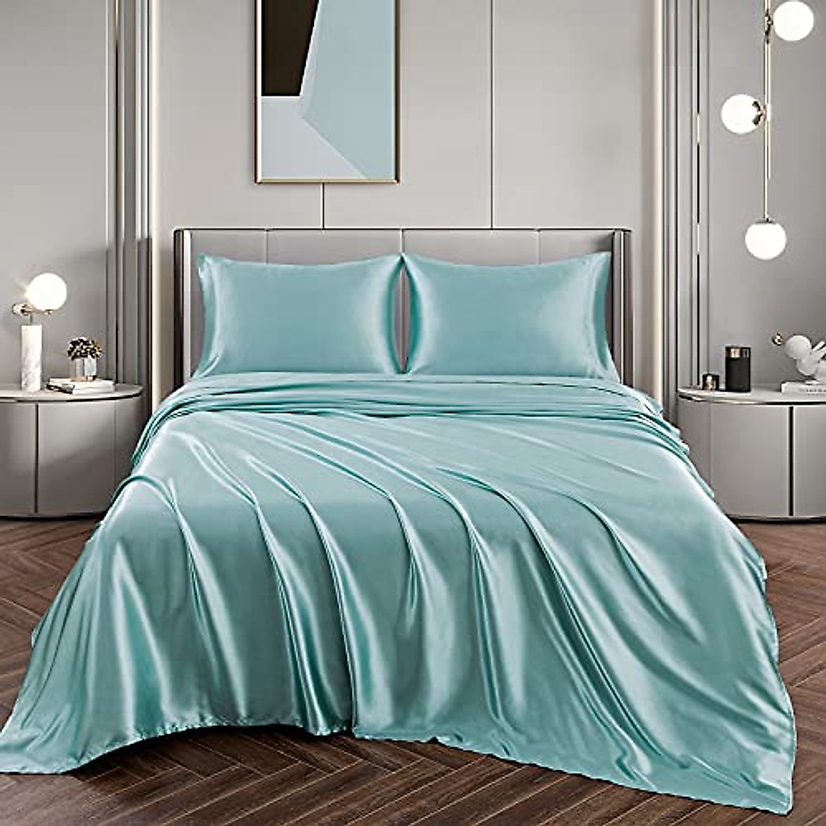 Cotton Home Depot California King Size Soft Satin Silk Bed Sheets Aqua Satin Silk Sheet Set, 12" Deep Pocket Fitted Sheet + 1 Flat Sheet + 2 Pillowcases