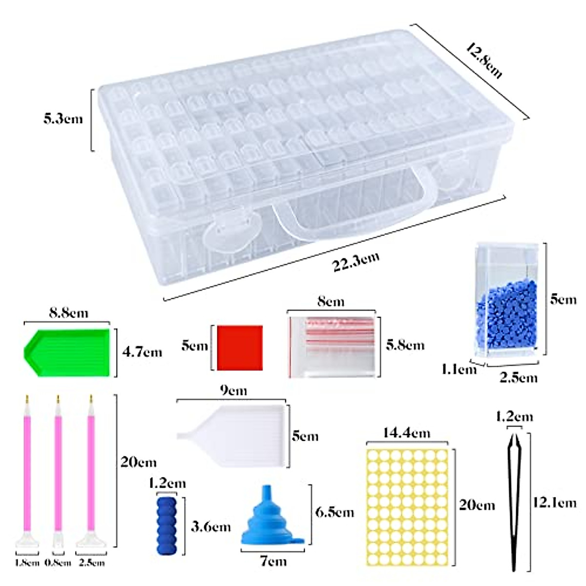 MESTOP 5D Diamond Painting Storage Containers Diamond Art Accessories Beads Storage Box with Funnel Plate 140pcs Label Stickers for Seeds DIY Art Crafts (64 Grids)