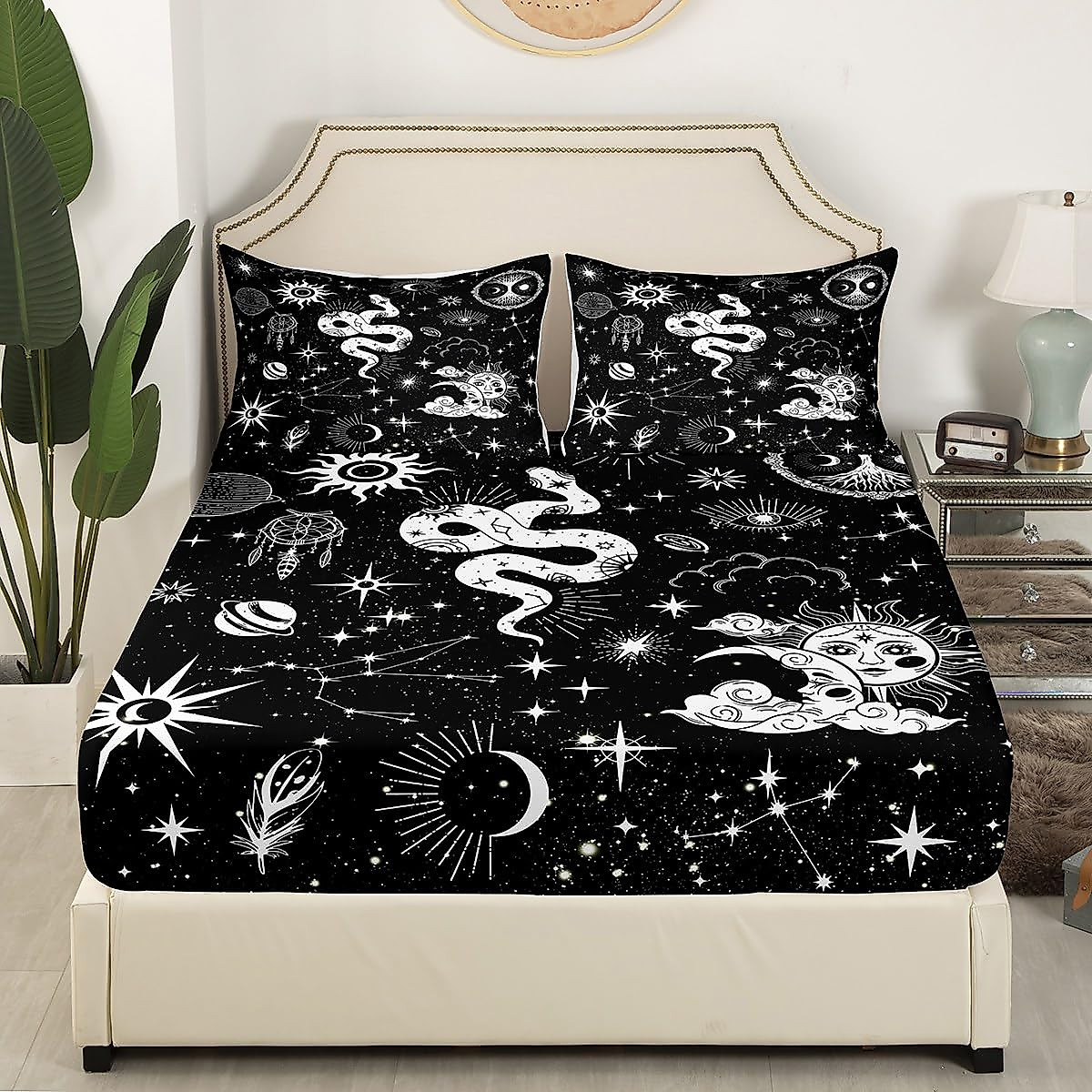 Black White Snake Fitted Sheet Full Size,Sun Moon Stars Constellation Bed Sheet 3Pcs,Boho Dream Catcher Bedding Sheets Kids Girls Boys Adult Room Decor Gothic Exotic Deep Pocket Sheet,2 Pillowcases