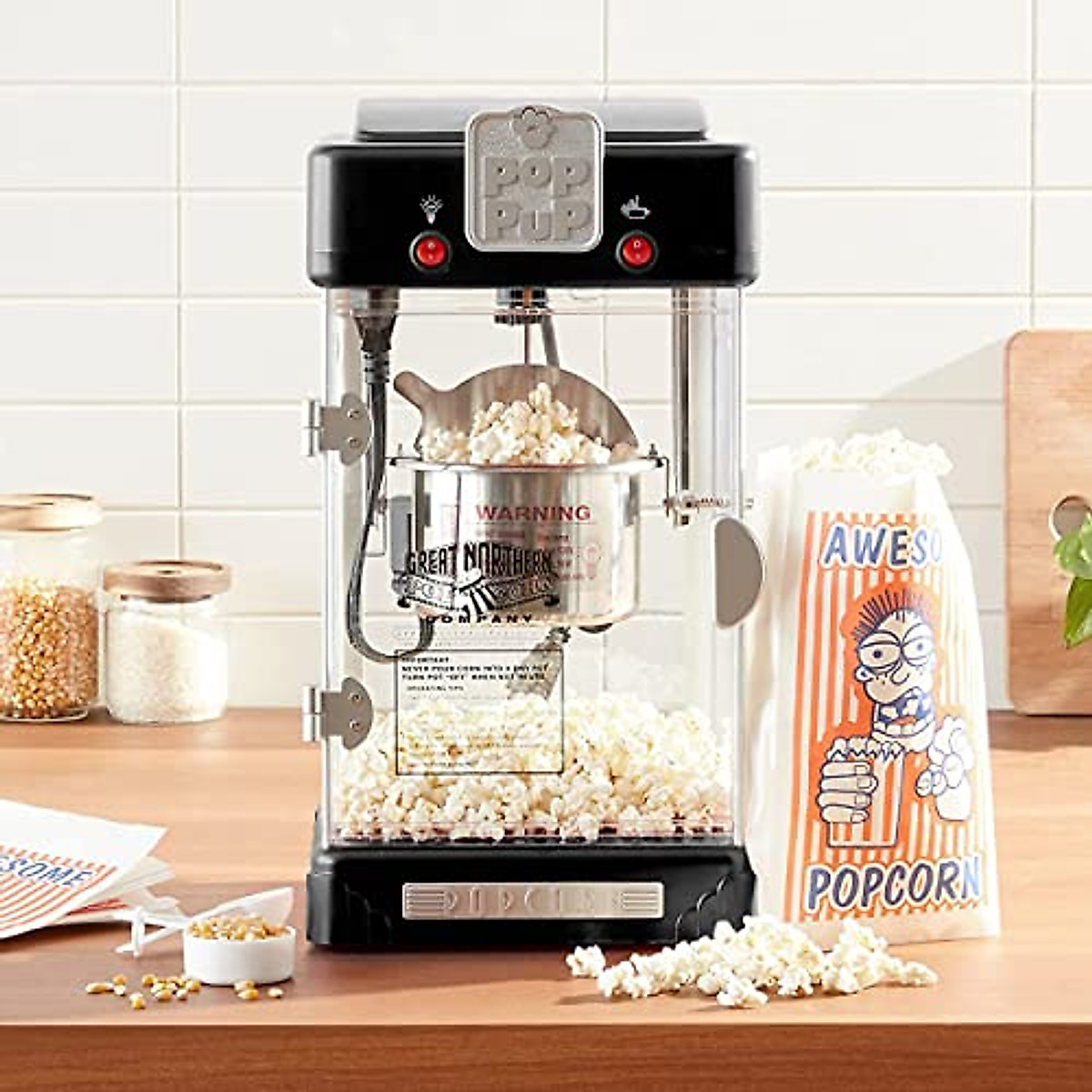 Pop Pup Countertop Popcorn Machine – 2.5oz Kettle with Measuring Spoon, Scoop, and 25 Serving Bags by Great Northern Popcorn (Black) (83-DT6121)