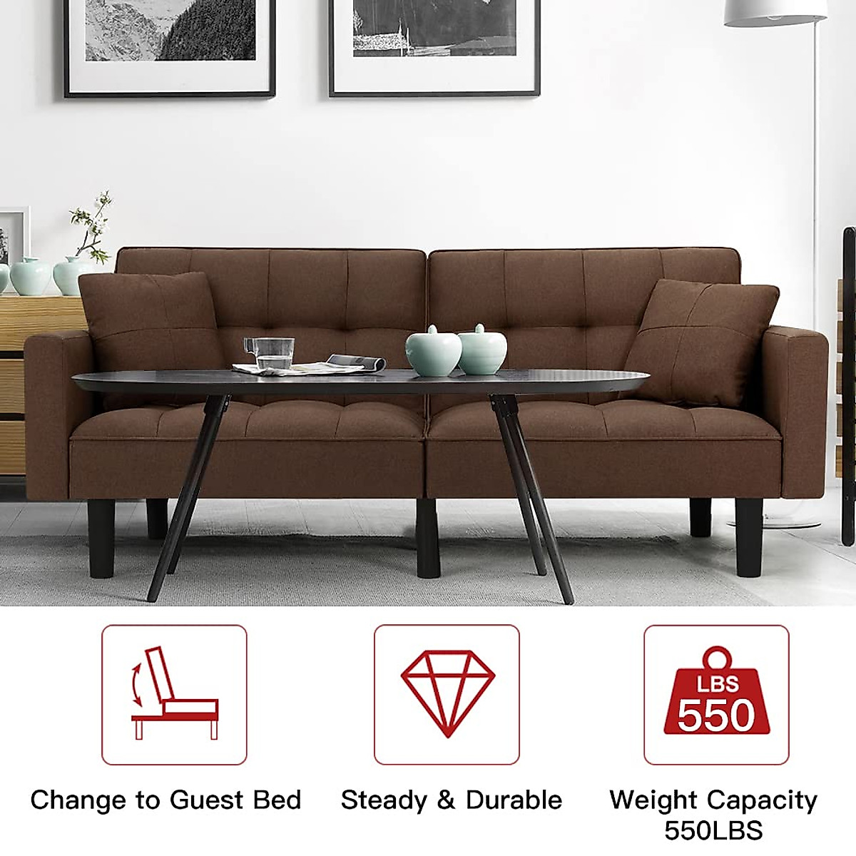 HOMHUM Convertible Sleeper Sofa Bed Modern Linen Fabric Couch Bed Futon Sofa Bed with 2 Pillows for Living Room, Apartment, Guest Room, Elegant Brown