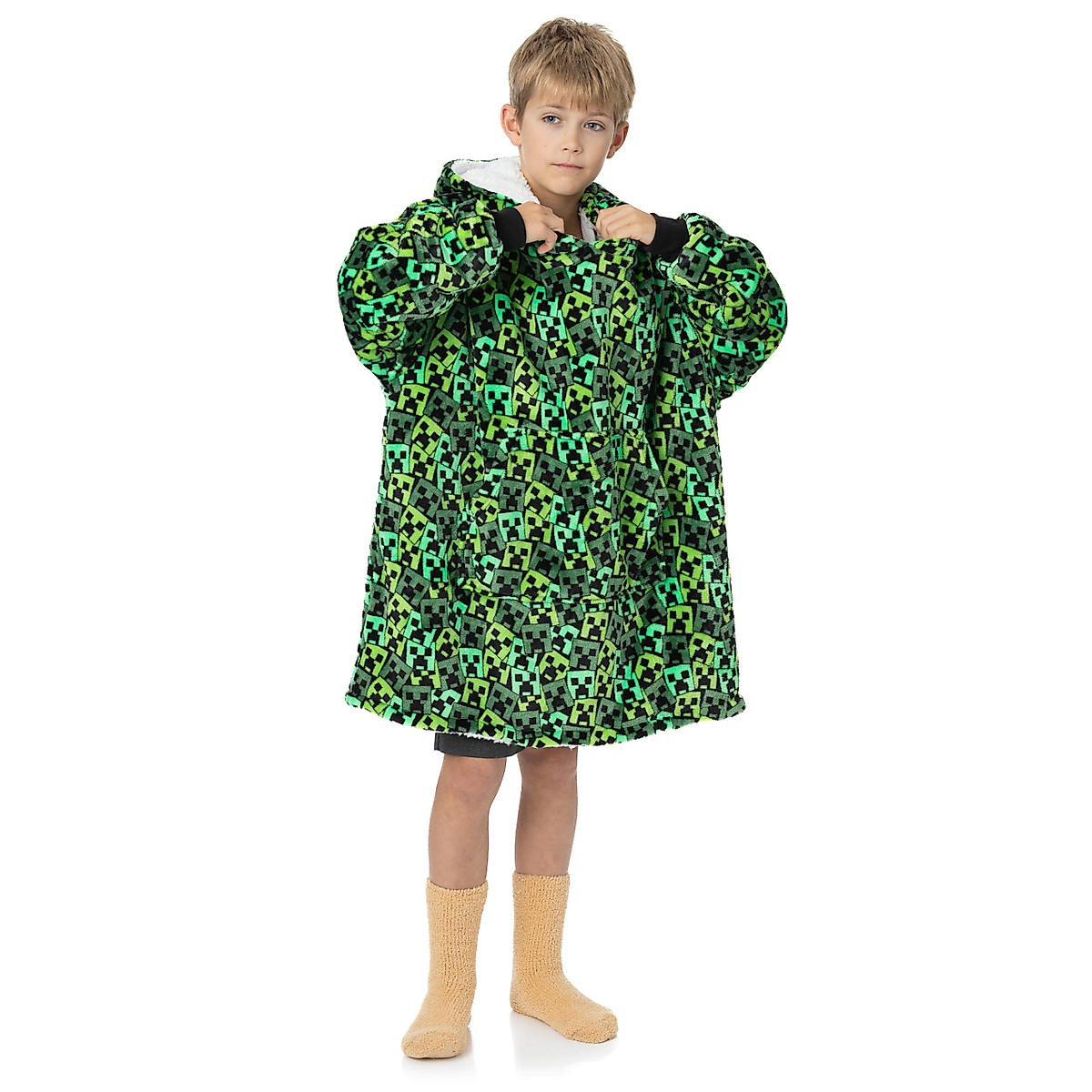 Minecraft Boys Oversized Blanket Hoodie | Boys Creeper Villain Enemy Double Lined Sherpa Fleece Green Sweater