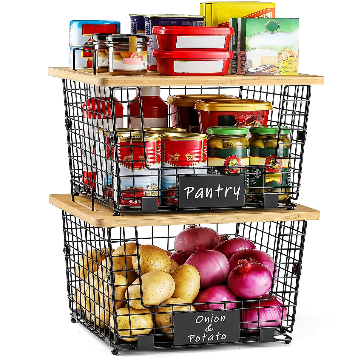 2 Set Kitchen Counter Basket with Bamboo Top - Pantry Cabinet Organization and Storage Wire Basket - Countertop Organizer for Produce, Fruit, Vegetable (Onion, Potato), Bread, K-Cup Coffee Pods