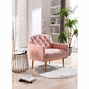 JOYBASE Mid Century Modern Accent Chair, Wood and Steel Armchair, Comfy Reading Chair, Arm Chair for Living Room, Bedroom (Pink, Faux Fur)