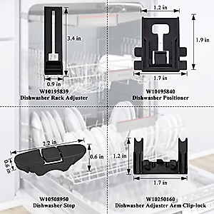 Upgraded W10350375 Dishwasher Top Rack Adjuster & W10195839 Rack Adjuster & W10195840 Arm Positioner & 10508950 Stop Clip & W10250160 Clip Lock, Replacement for Whirlpool Dishwasher Parts, 10 Pack