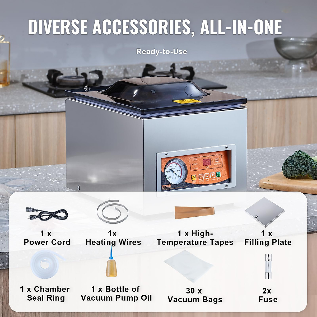 VEVOR Chamber Vacuum Sealer, 260W Sealing Power, Vacuum Packing Machine for Wet Foods, Meats, Marinades and More, Compact Size with 10.2" Sealing Length, Applied in Home Kitchen