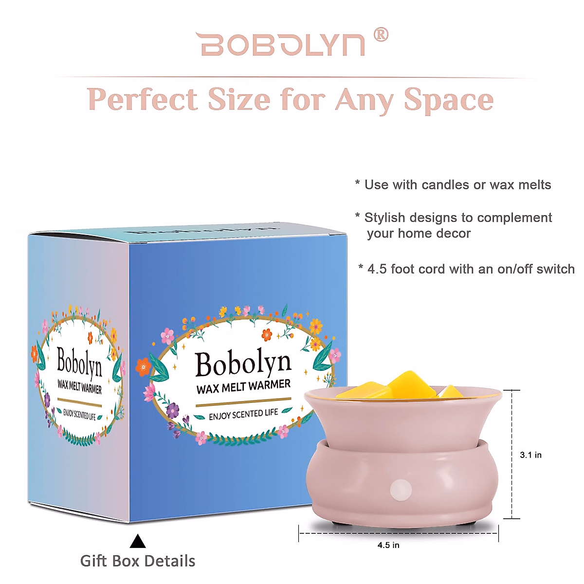 Bobolyn Wax Candle Melt Warmer Burner - 3-in-1 Ceramic Essential Oil Burner Electric Scented Fragrance Candle Melter for Home Office Bedroom Living Room Decor
