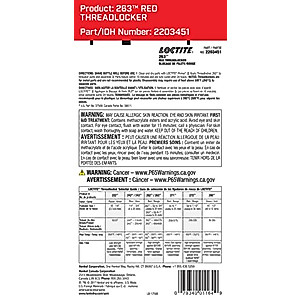 LOCTITE 263 Threadlocker for Automotive: High-Strength, Oil Tolerant, High-Temperature, Fluorescent, Anaerobic, Heavy Duty Applications | Red, 6 ml Tube (PN: 2203451)