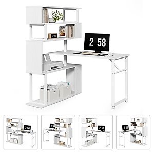 LITTLE TREE White Rotating Desk with Bookshelf, L-Shaped Computer Desk with Shelves, Reversible Writing Desk and Bookcase Combo with Storage for Home Office