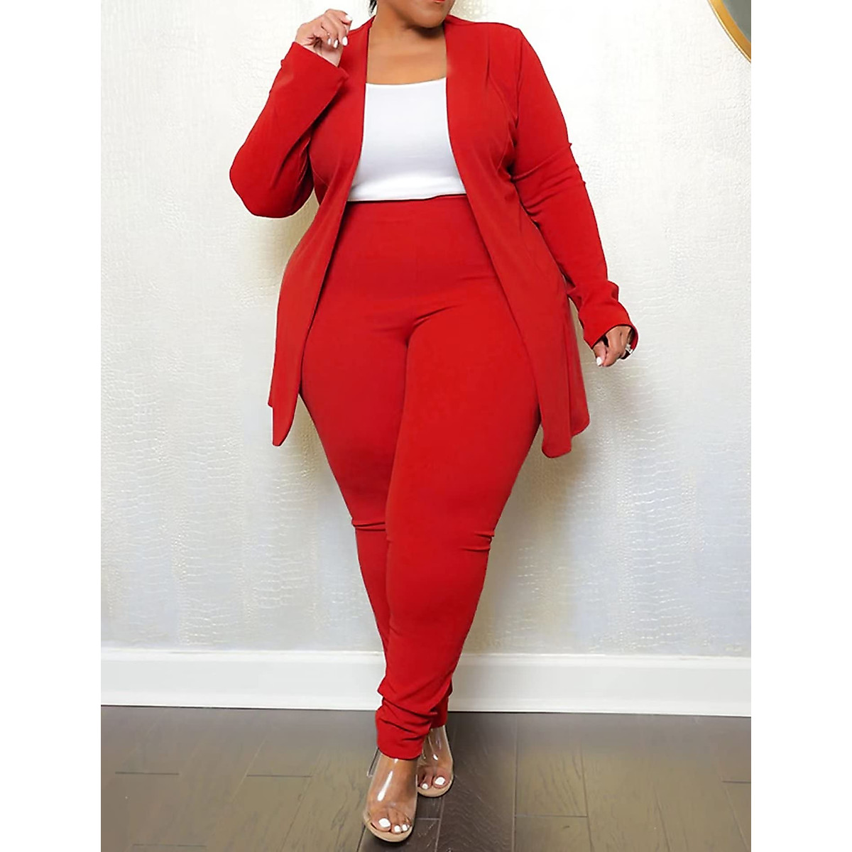 Womens Plus Size Business Suits with Pants Slim Fit Blazers Two Piece Suit Sets Tracksuits Red 3X