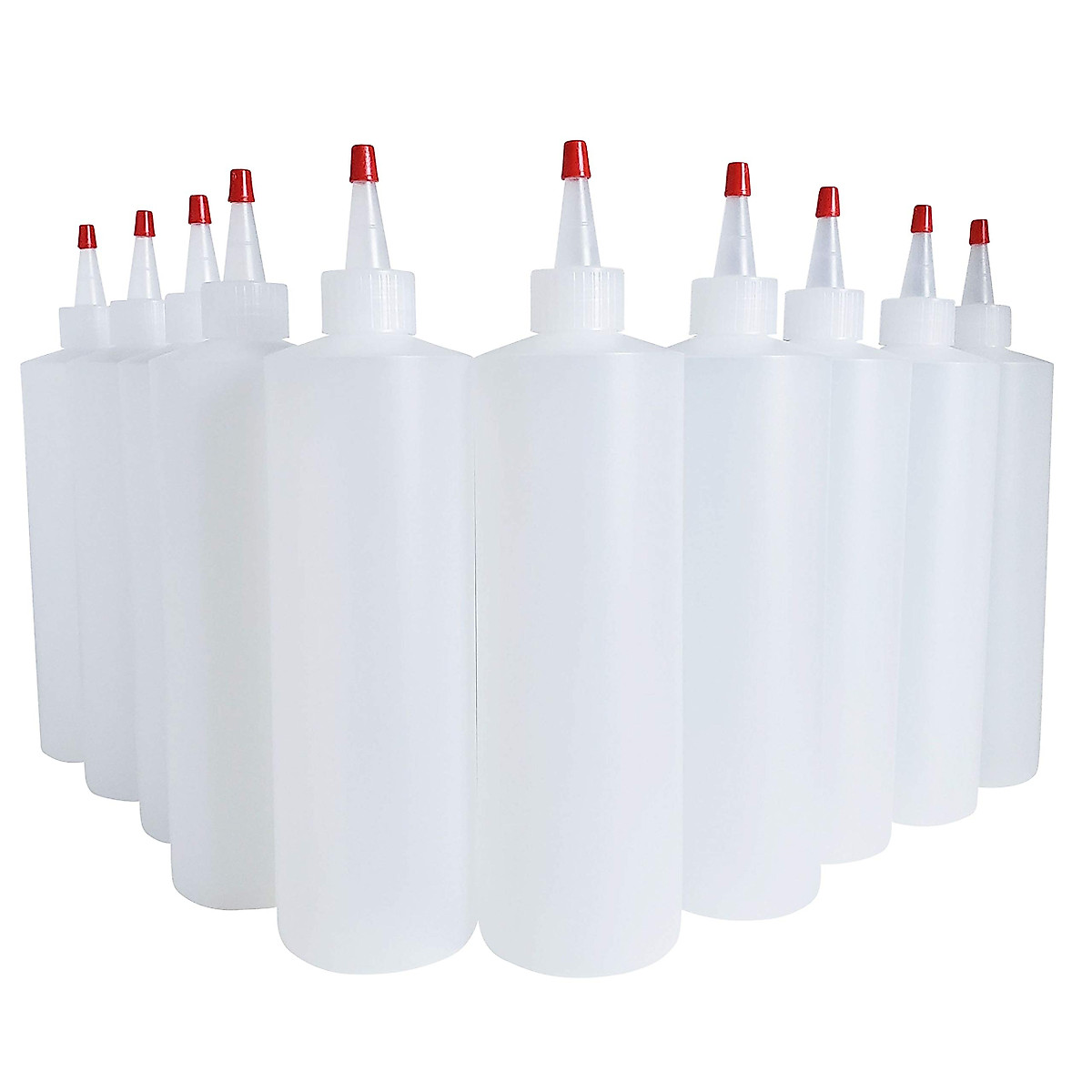 Kelkaa 16oz HDPE Durable Plastic Squeeze Bottles with Yorker Red Cap Natural Clear Bottles for Food, Crafts, Any DIY Liquid Products, Multi Purpose Refillable Bottles (Pack of 10)