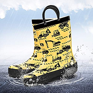ADAMUMU Toddler Kids Rain Boots Childrens Waterproof Rubber Shoes with Easy-On Handles Lightweight in Cartoon Patterns for Boys & Girls A-Yellow